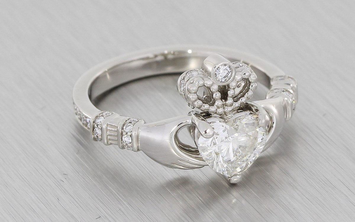 Custom-Cut Heart Diamond Platinum Claddagh Ring - Portfolio - Durham Rose